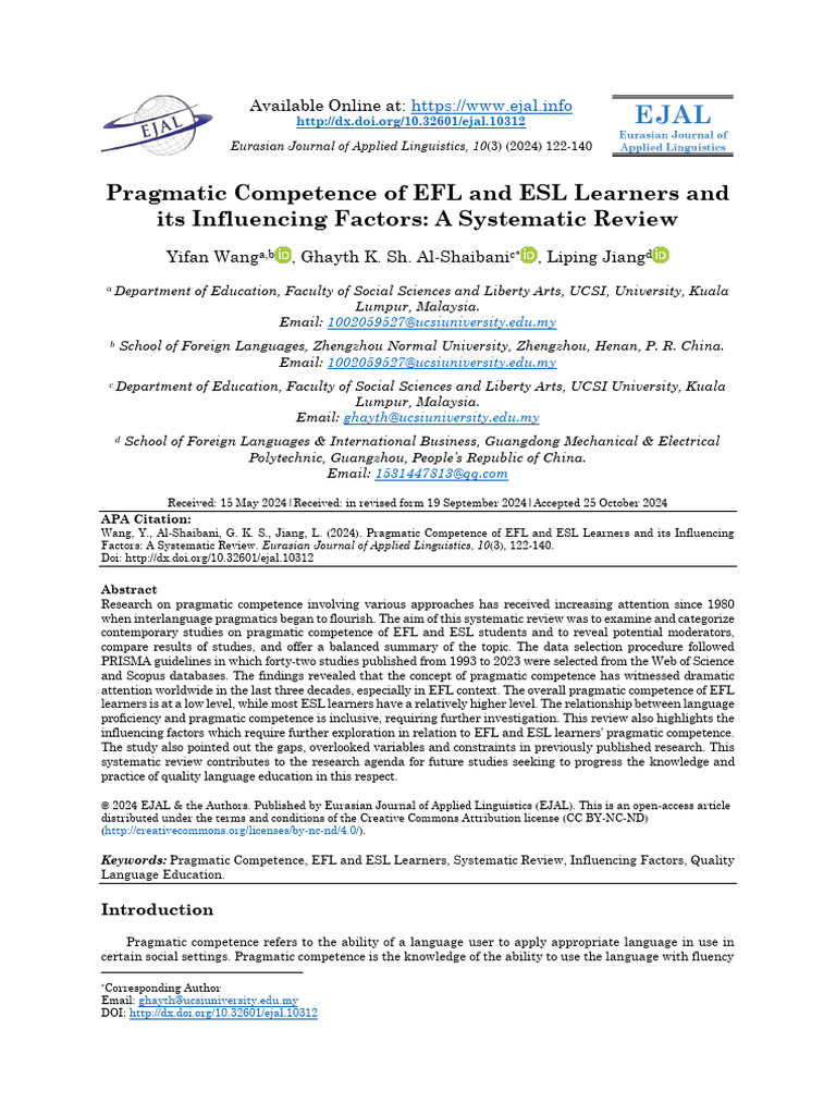 EFL and ESL Learners' Pragmatic Competence Review | PDF | English As A ...