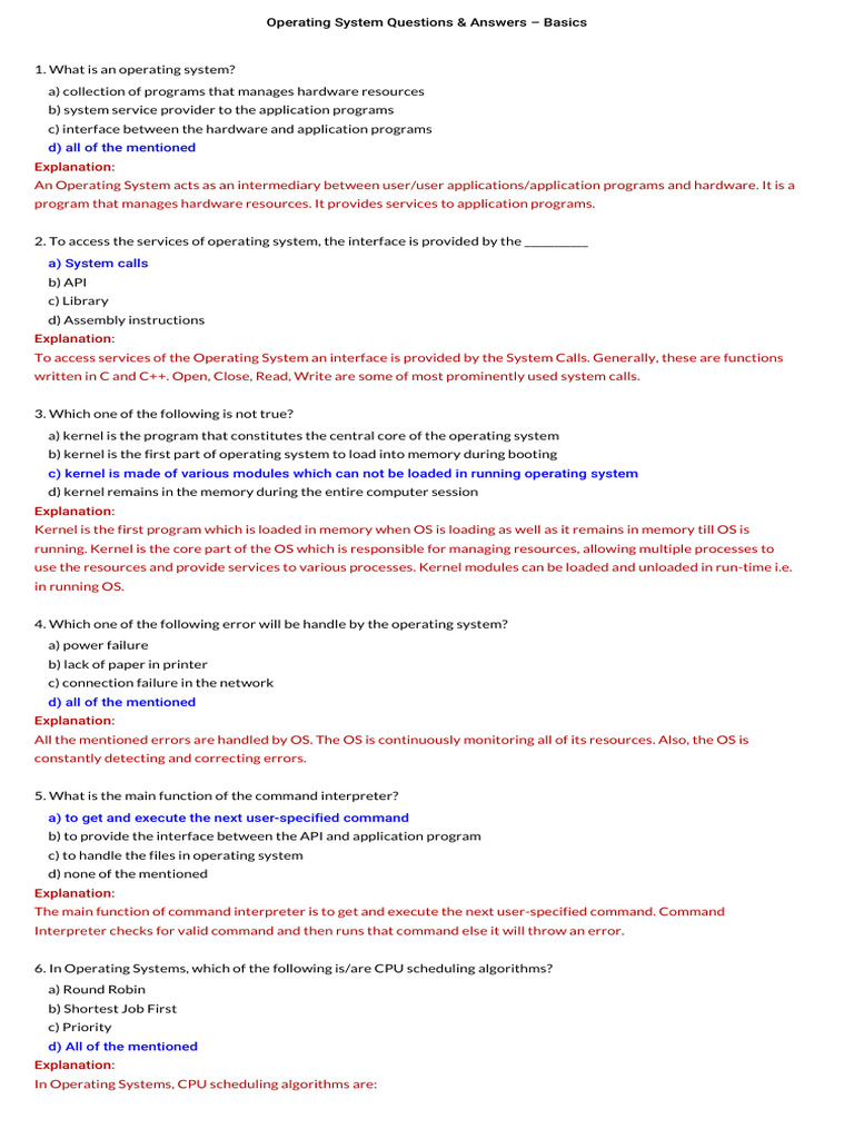 Operating System Questions & Answers - Basics | PDF | Operating System | Kernel (Operating System)
