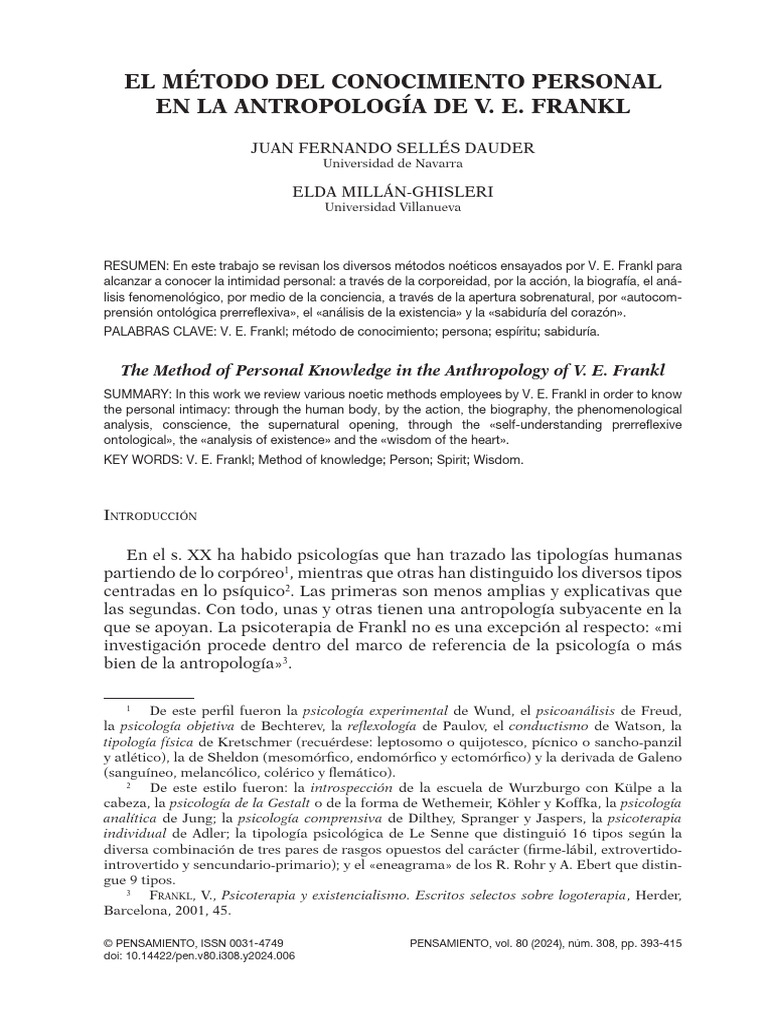 El Método Del Conocimiento Personal en La Antropología de v. E. Frankl ...