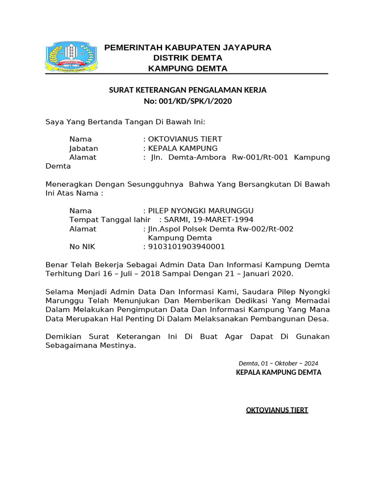 Surat Keterangan Pengalaman Kerja Demta | PDF