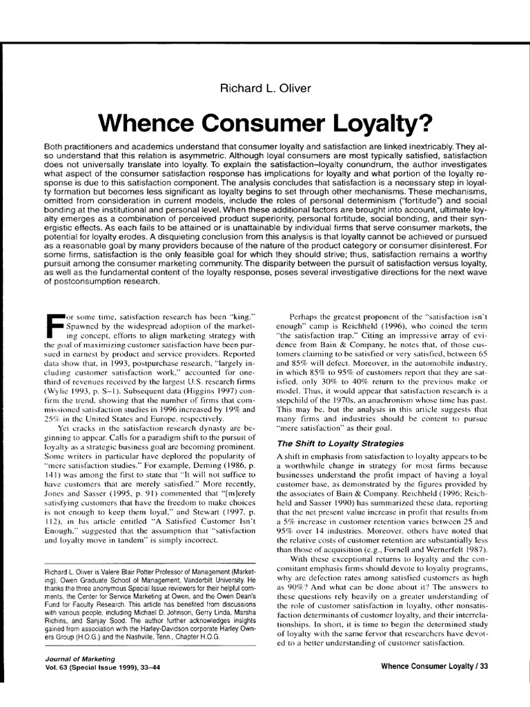 Richard L Oliver (1999) - SSCI, Q1 - Whence Consumer Loyalty | PDF