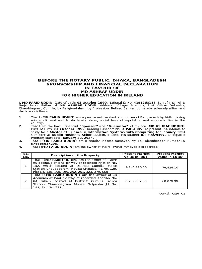 Financial Declaration for Education in Ireland | PDF | Affidavit