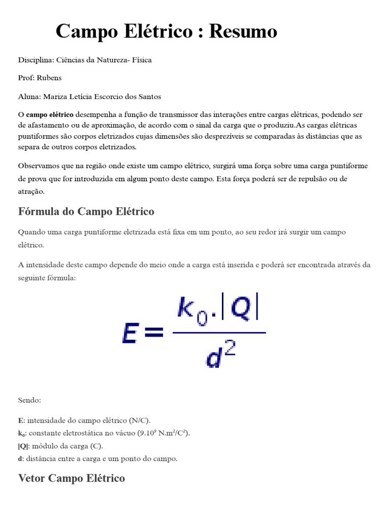 Campo Elétrico Resumo | PDF | Campo elétrico | Carga elétrica