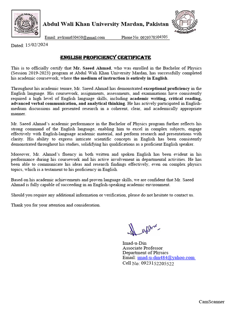 English Proficiency Certificate for Saeed Ahmad | PDF | English ...