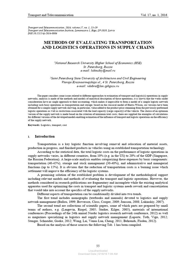 Methods of Evaluating Transportation and Logistics | PDF | Transport | Logistics