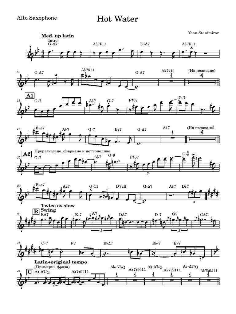 Hot Water-Alto - Saxophone | PDF | Saxophone | Woodwind Instruments