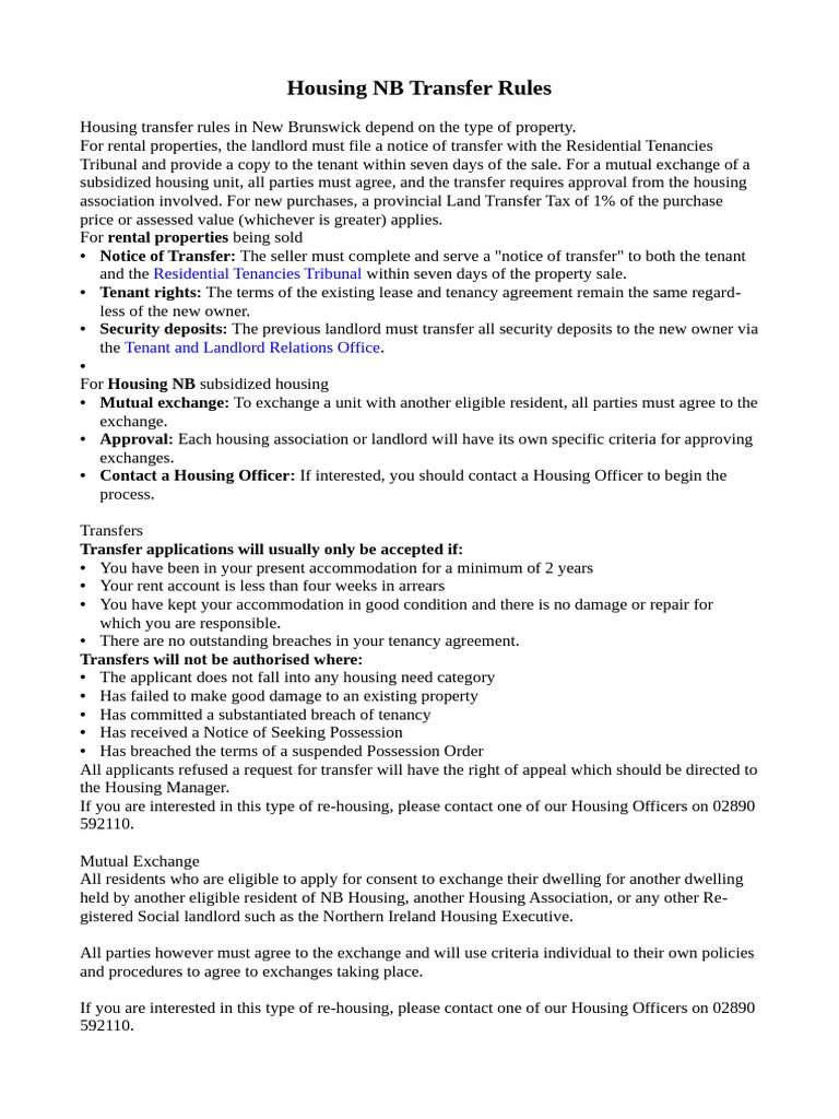 New Brunswick Housing Transfer Rules | PDF | Leasehold Estate | Lease