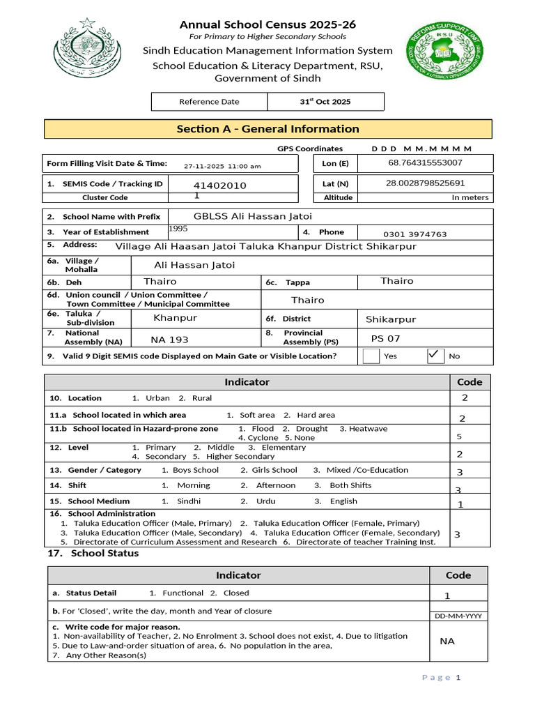Annual School Census 2025-26 Sindh | PDF