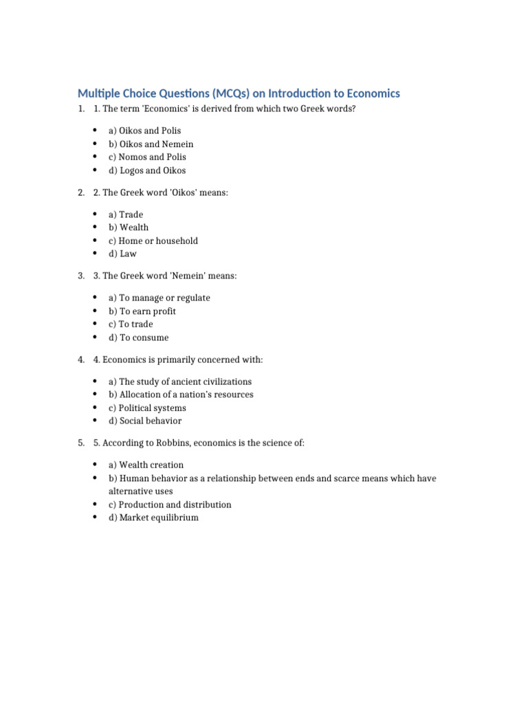 MCQs Introduction To Economics With Answers | PDF