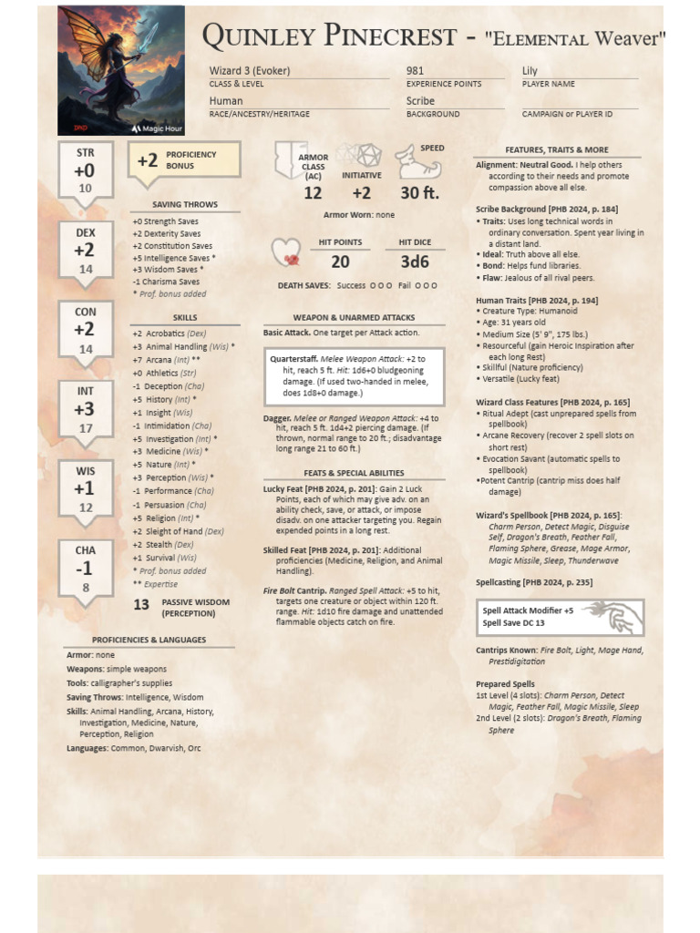 Quinley Pinecrest: Level 3 Human Wizard | PDF