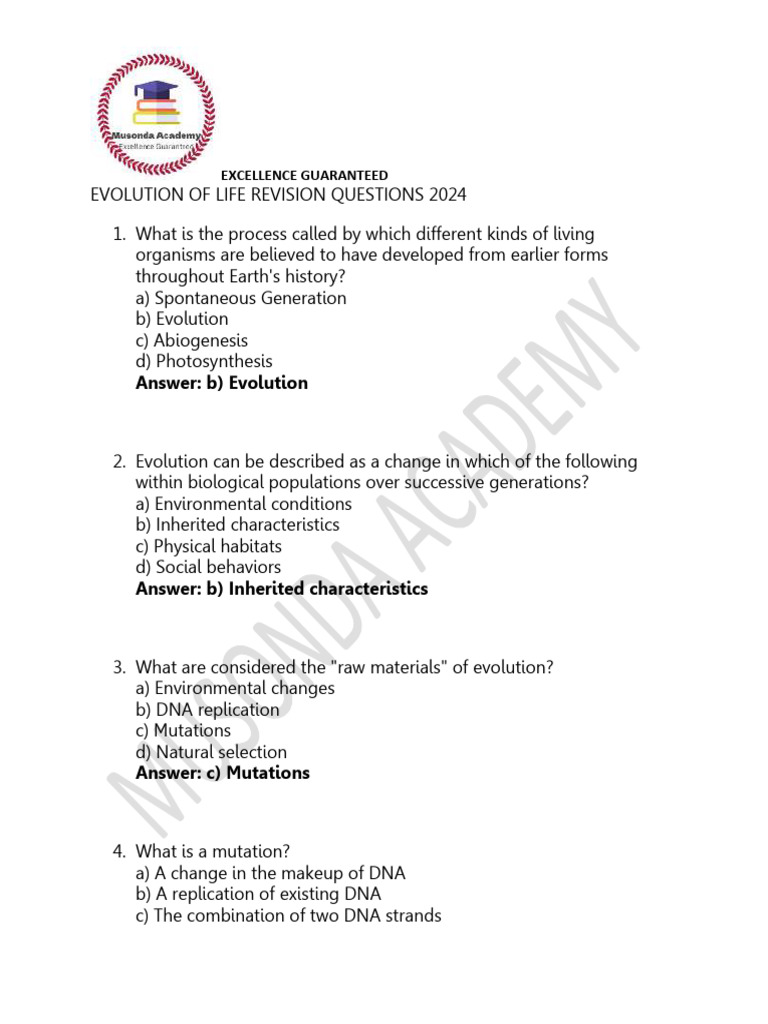 Evolution of Life Revision Questions 2024 | PDF | Evolution | Homology ...