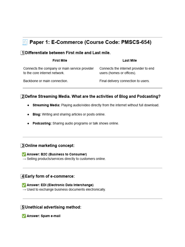 ? Paper 1 - E-Commerce (Course Code - PMSCS-654) | PDF | E Commerce | Internet