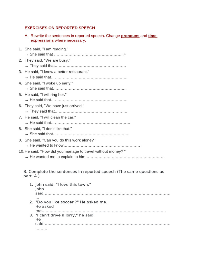 Reported Speech Exercises | PDF