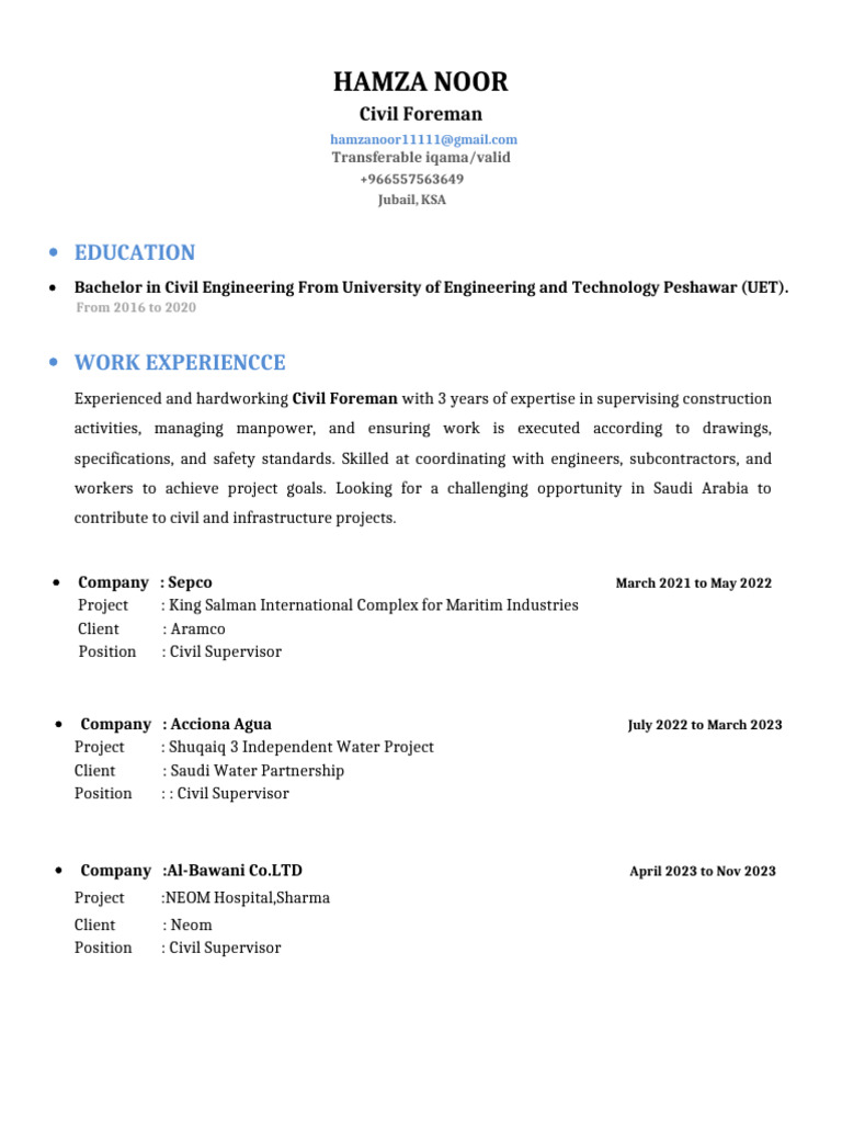 Engr Hamza Civil Foreman | PDF | Safety | Occupational Safety And Health