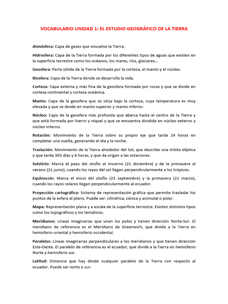 Vocabulario Unidad 1 | PDF