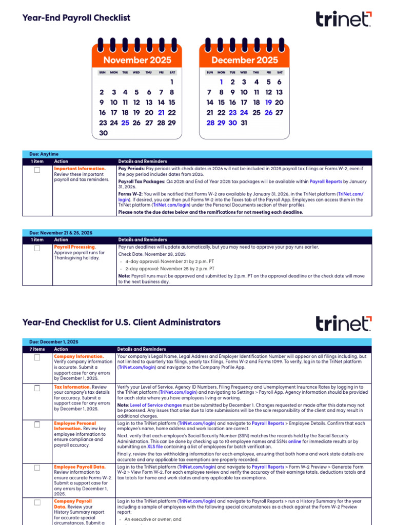 TriNet HR Platform Year-End Payroll Checklist 2024 V2 | PDF | Payroll ...
