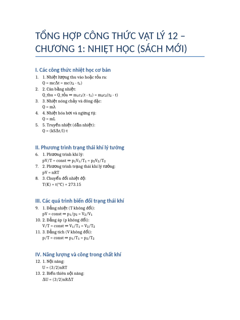 Tong Hop Cong Thuc Vat Ly 12 Chuong 1 Nhiet Hoc | PDF