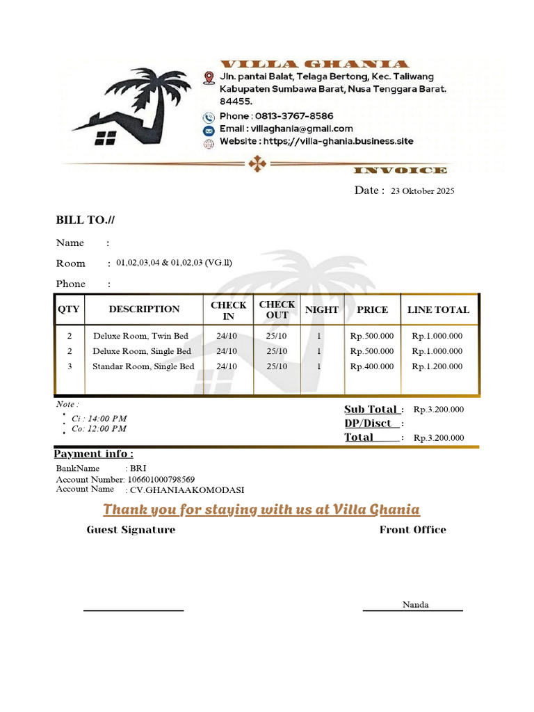Villa Ghania Stay Invoice Details | PDF