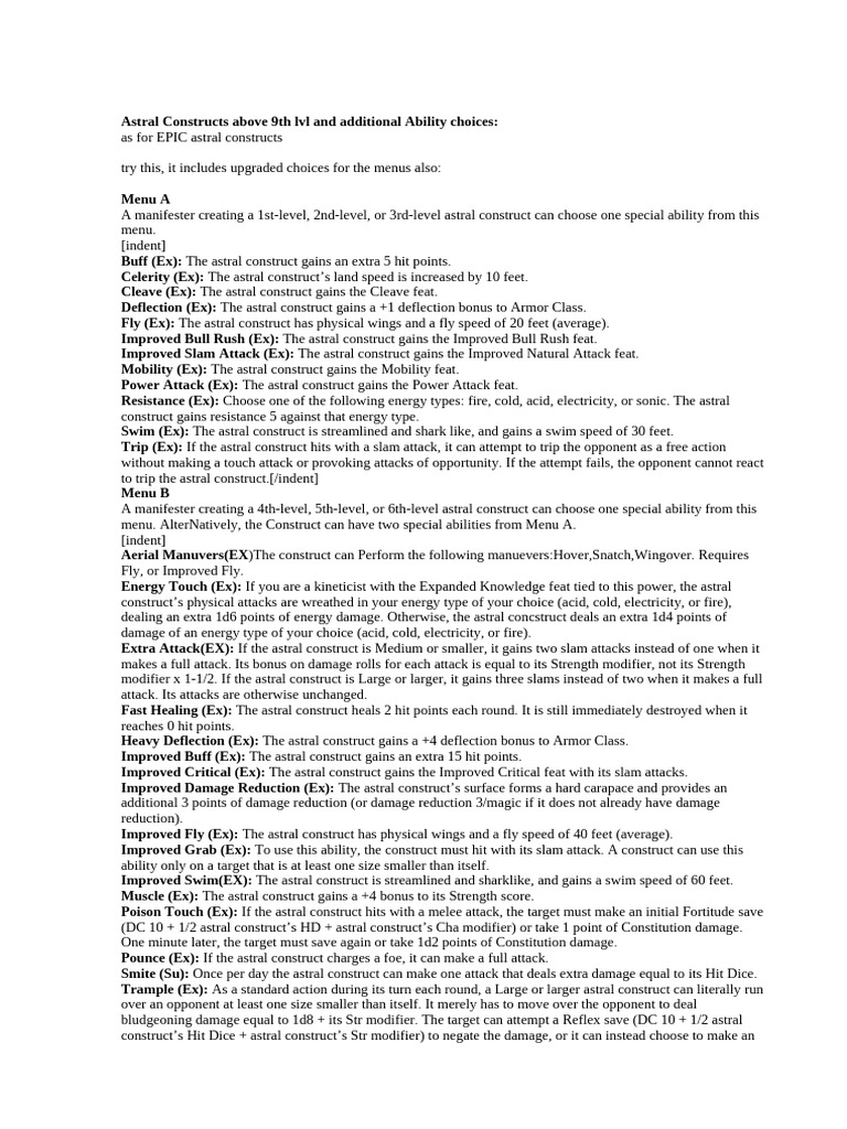 Astral Constructs Above 9th LVL and Additional Ability Choices | PDF