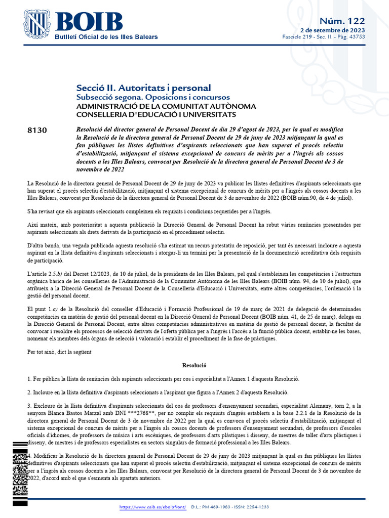 Resol Modific Llista Aspirants Seleccionats CAT | PDF