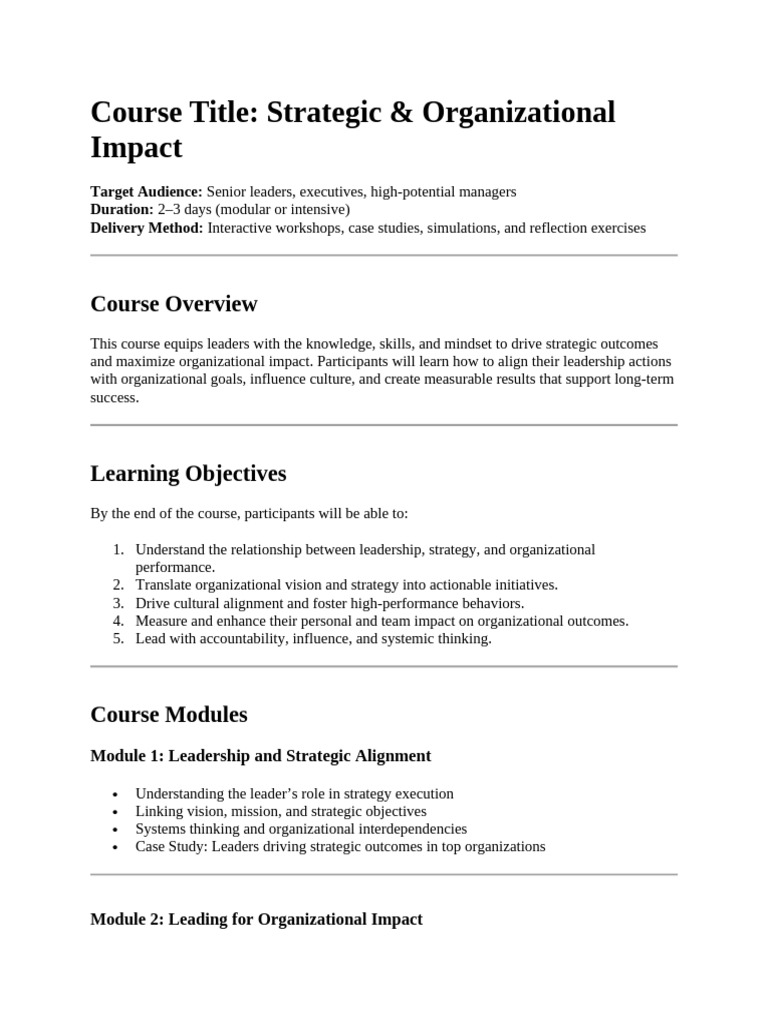 Strategic & Organizational Impact Course Outline | PDF | Strategic ...
