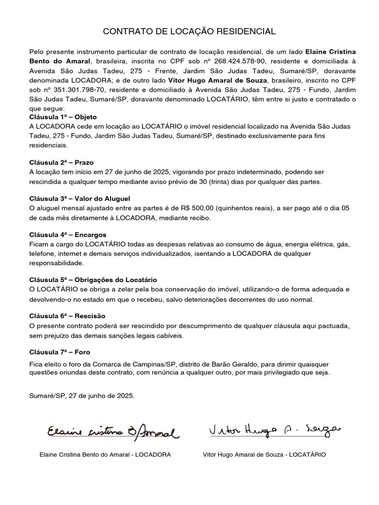 Contrato Aluguel Vitor Elaine | PDF
