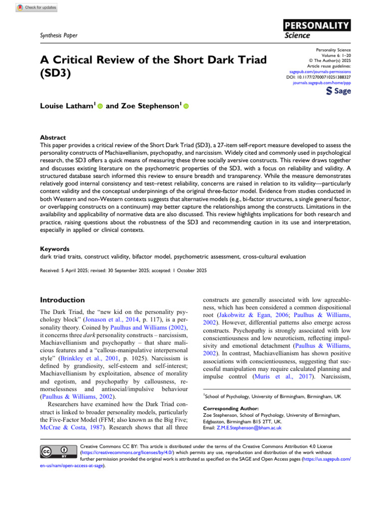 Latham Stephenson 2025 A Critical Review of The Short Dark Triad (sd3 ...