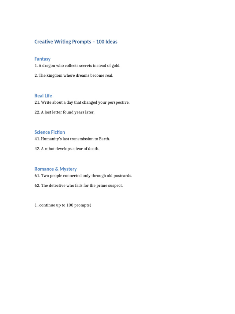 4 Creative Writing Prompts 100 Ideas | PDF