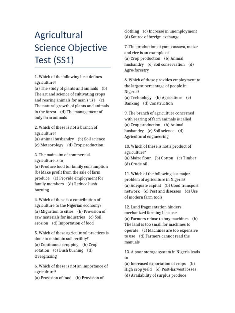 Agricultural Science Objective Test Guide | PDF | Agriculture | Crops