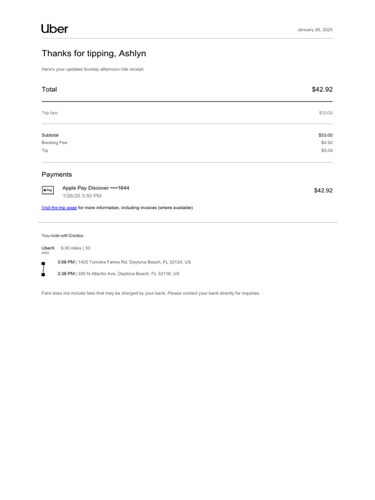UberX Ride Receipt - Daytona Beach | PDF