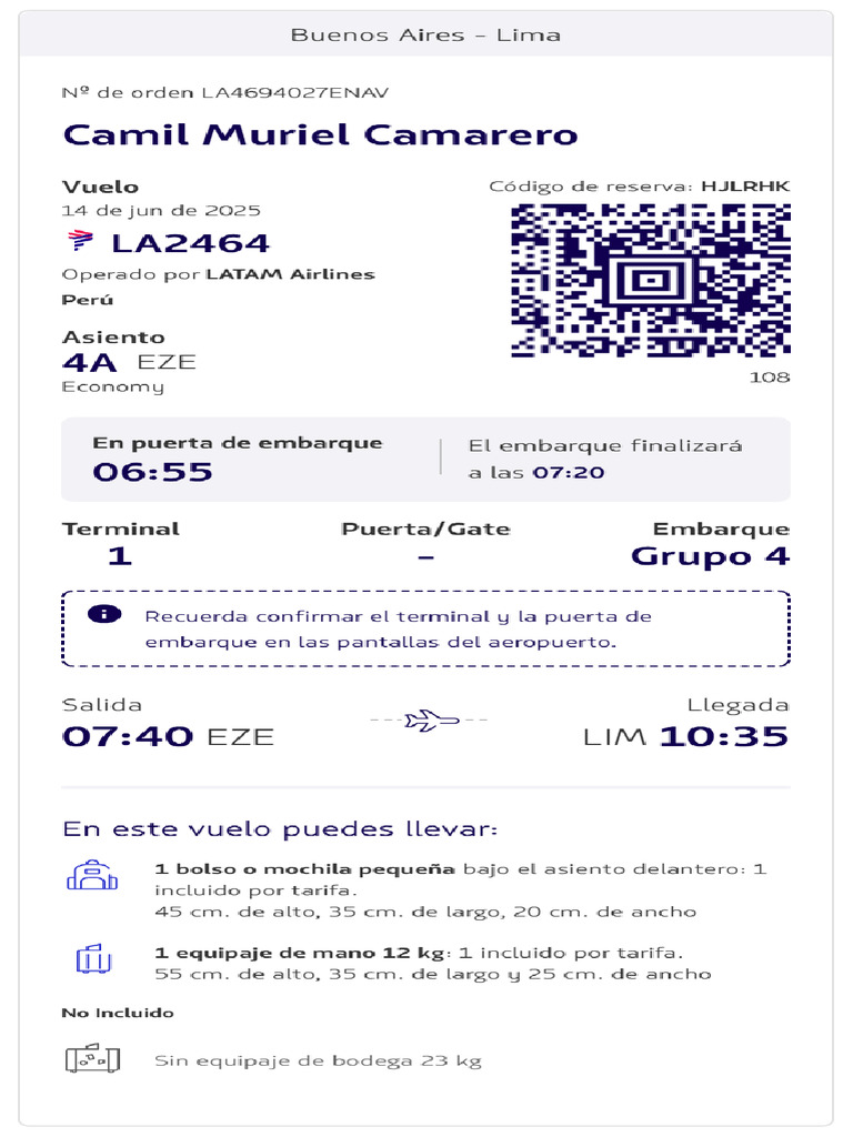 Tarjeta de Embarque Camil Muriel C LA2464 | PDF