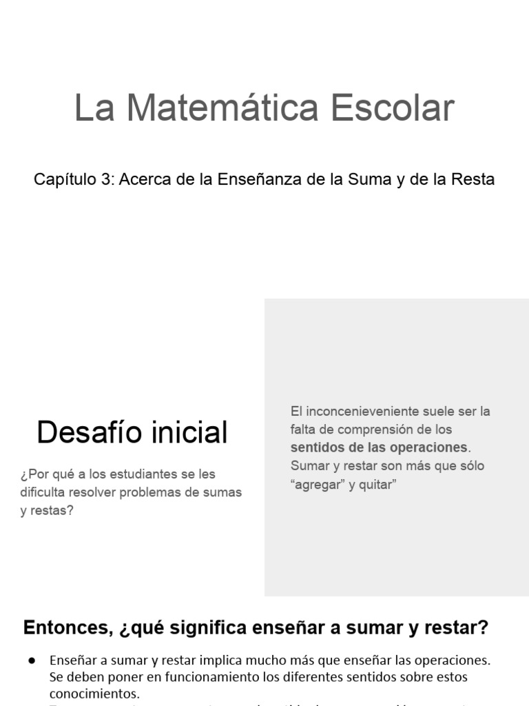 La Matemática Escolar. Acerca de La Enseñanza de La Suma y de La Resta ...