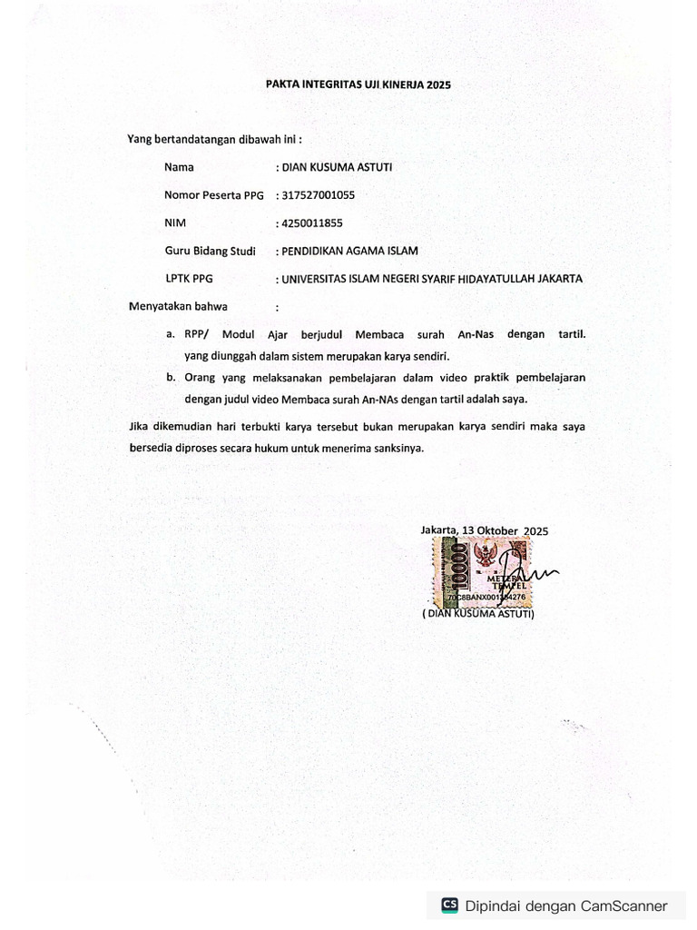 Pakta Integritas Uji Kinerja | PDF