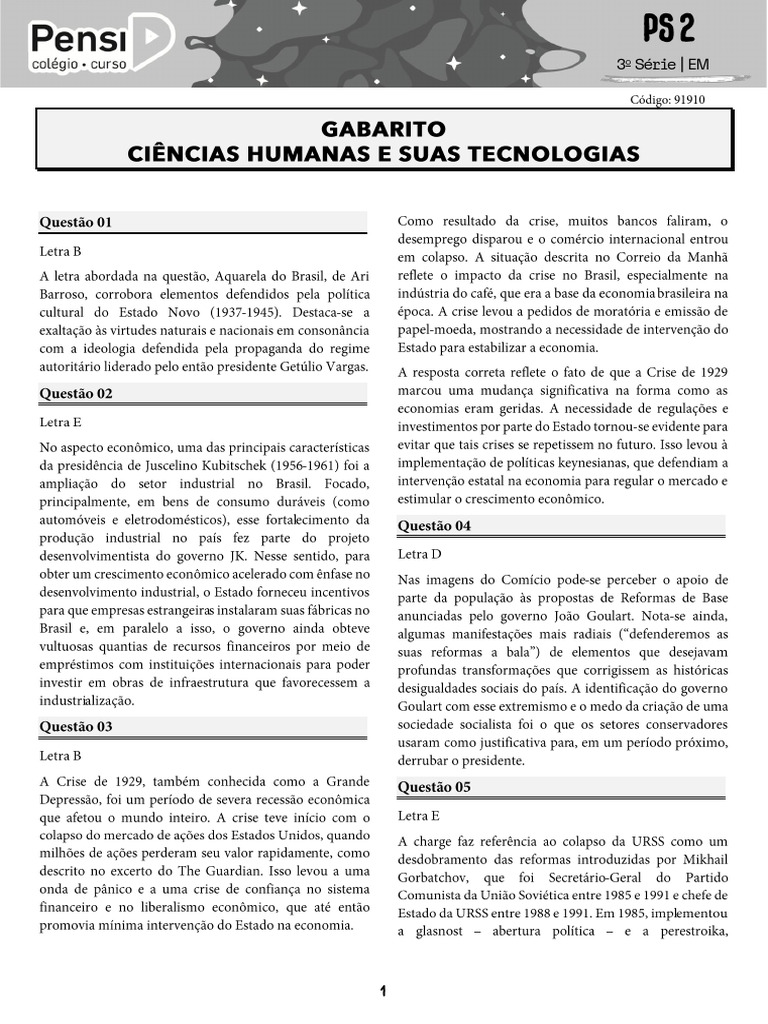 PS2 Ci NciasHumanas 3 S Rie Gabarito | PDF