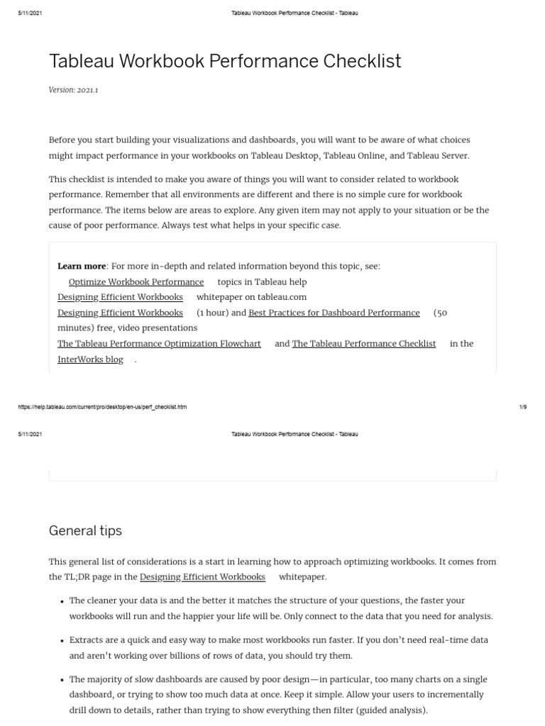 Tableau Workbook Performance Checklist - Tableau | PDF | Databases | Data