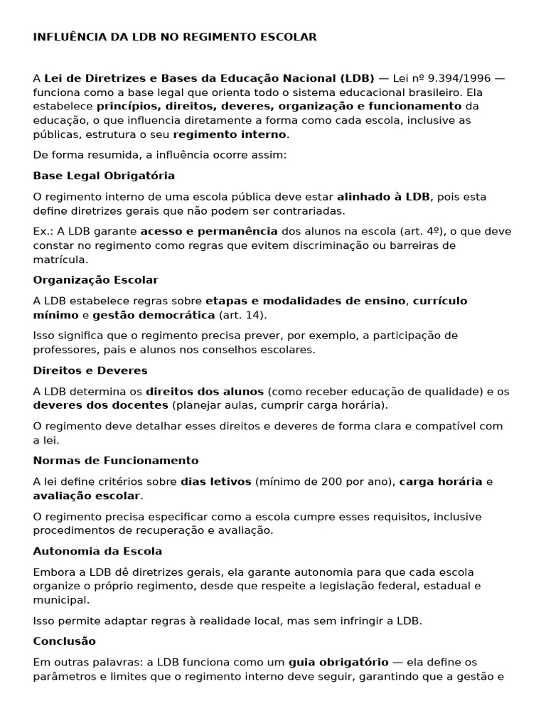 Regimento Escolar e a LDB na Educação Infantil | PDF | Pedagogia