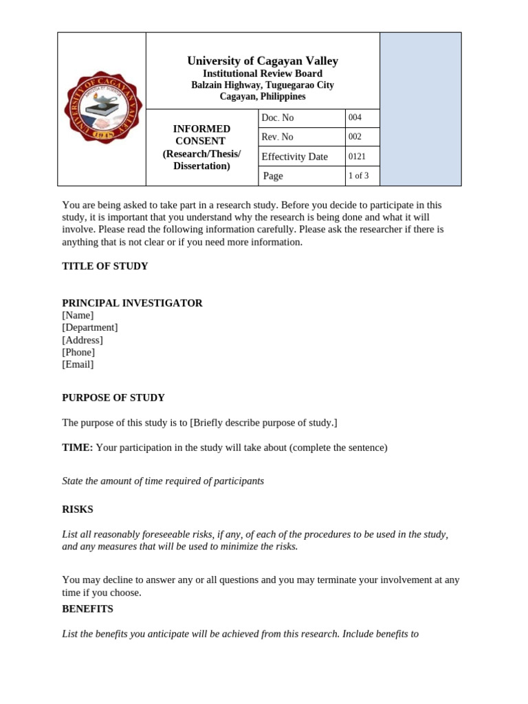 IRB Form 004 v2 INFORMED CONSENT FORM Research Thesis Dissertation | PDF | Thesis ...