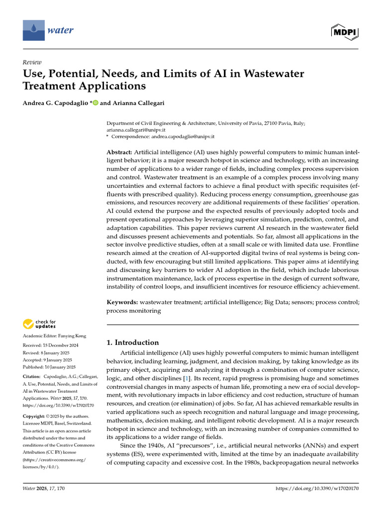 Use, Potential, Needs, and Limits of AI in Wastewater Treatment ...