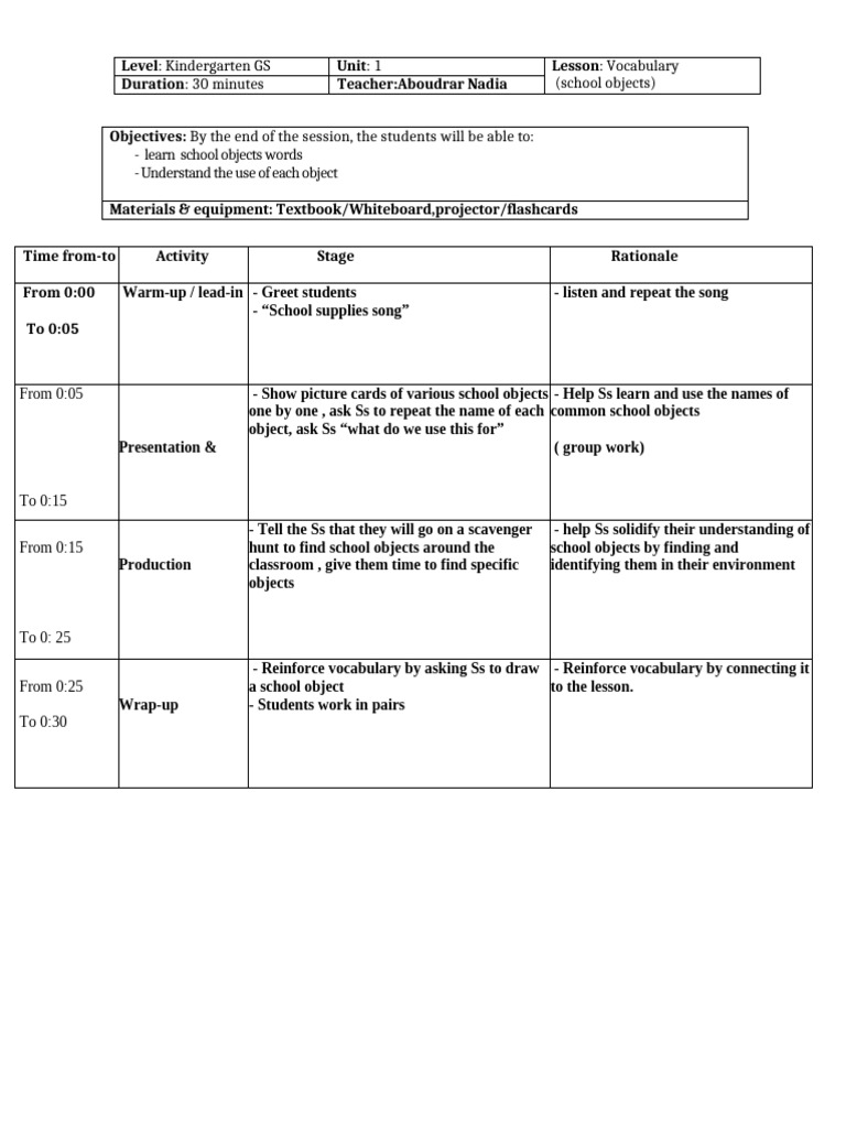 Lesson-Plan - Vocab 1 School Objects | PDF