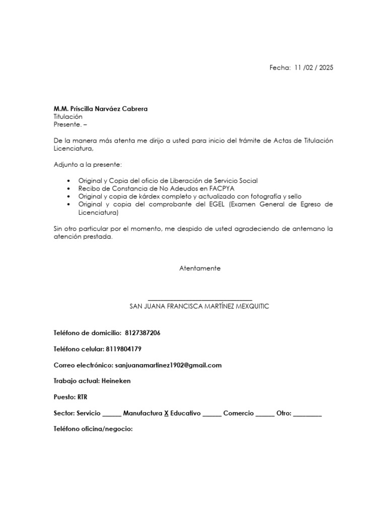 Carta Modelo Titulacion Licenciatura Facpya Uanl | PDF