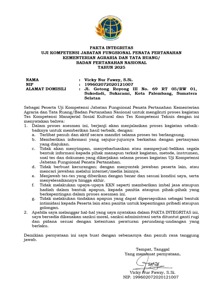 Pakta Integritas Uji Kompetensi Penata Pertanahan | PDF