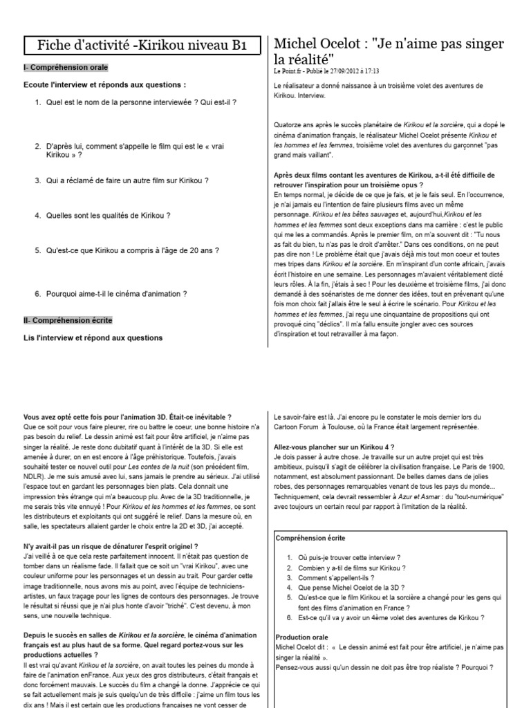 Activités B1 sur Kirikou et Ocelot | PDF