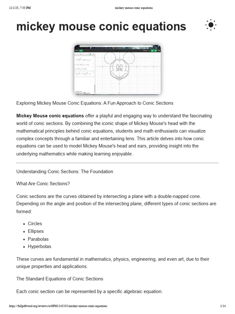 Mickey Mouse Conic Equations Explained | PDF | Equations | Ellipse