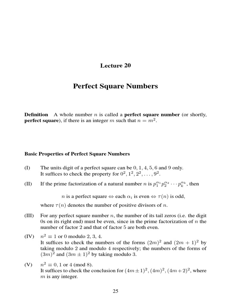 20 - Perfect Square Numbers | PDF | Numbers | Square Root