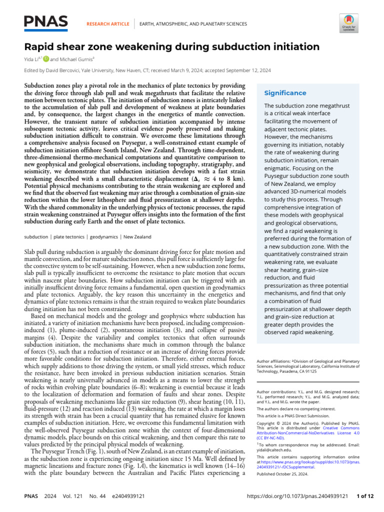 Li Gurnis 2024 Rapid Shear Zone Weakening During Subduction Initiation ...