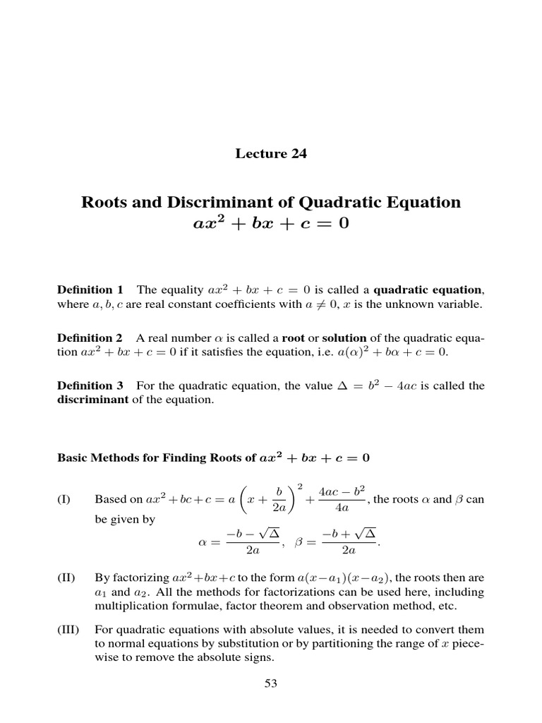 Quadratic Equation Roots and Discriminant | PDF | Quadratic Equation ...
