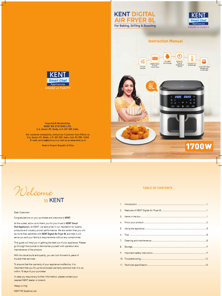 KENT Digital Air Fryer 8L User Guide | PDF | French Fries | Home Appliance