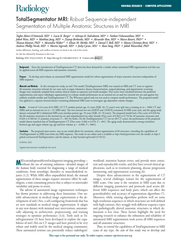 TotalSegmentator MRI: Automated Segmentation Tool | PDF | Magnetic ...