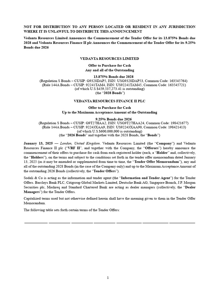 Tender Offer Announcement Launch | PDF | Bonds (Finance) | Securities ...