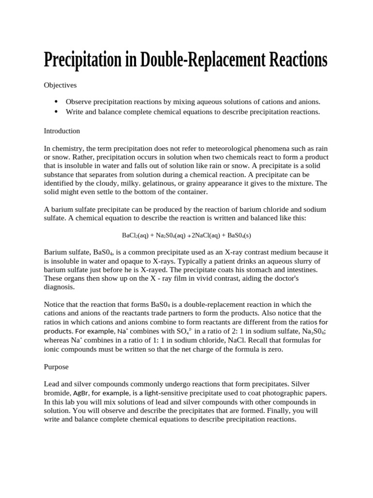 Precipitation Reactions Lab Guide | PDF | Precipitation (Chemistry ...